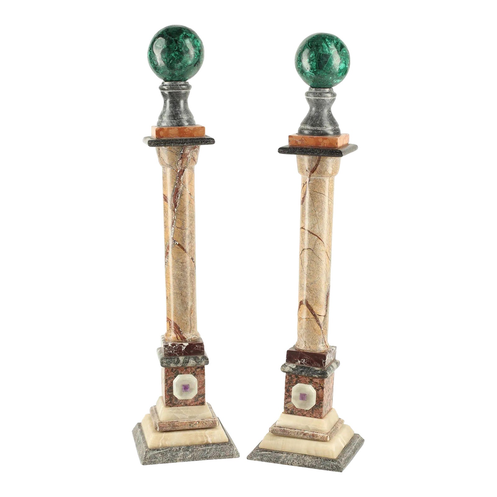 Pair of Mid 20th Century Marble & Multi-Stone Columns With Malachite ...