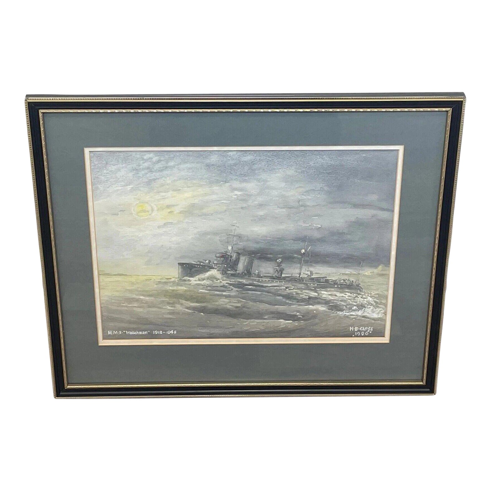 British Watercolour Seascape Royal Navy Hms Watchman Destroyer Ship on ...