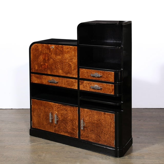 Art Deco Book-Matched Walnut & Black Lacquer Secretary Bookcase with ...