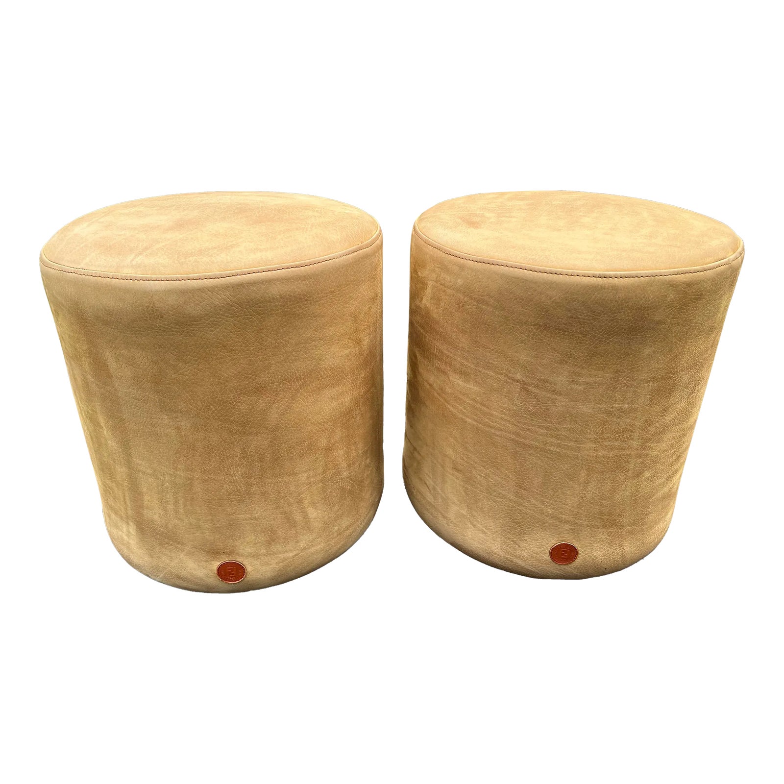 2010's Fendi Casa Leather Tan Pouf Ottomans - a Pair | Chairish