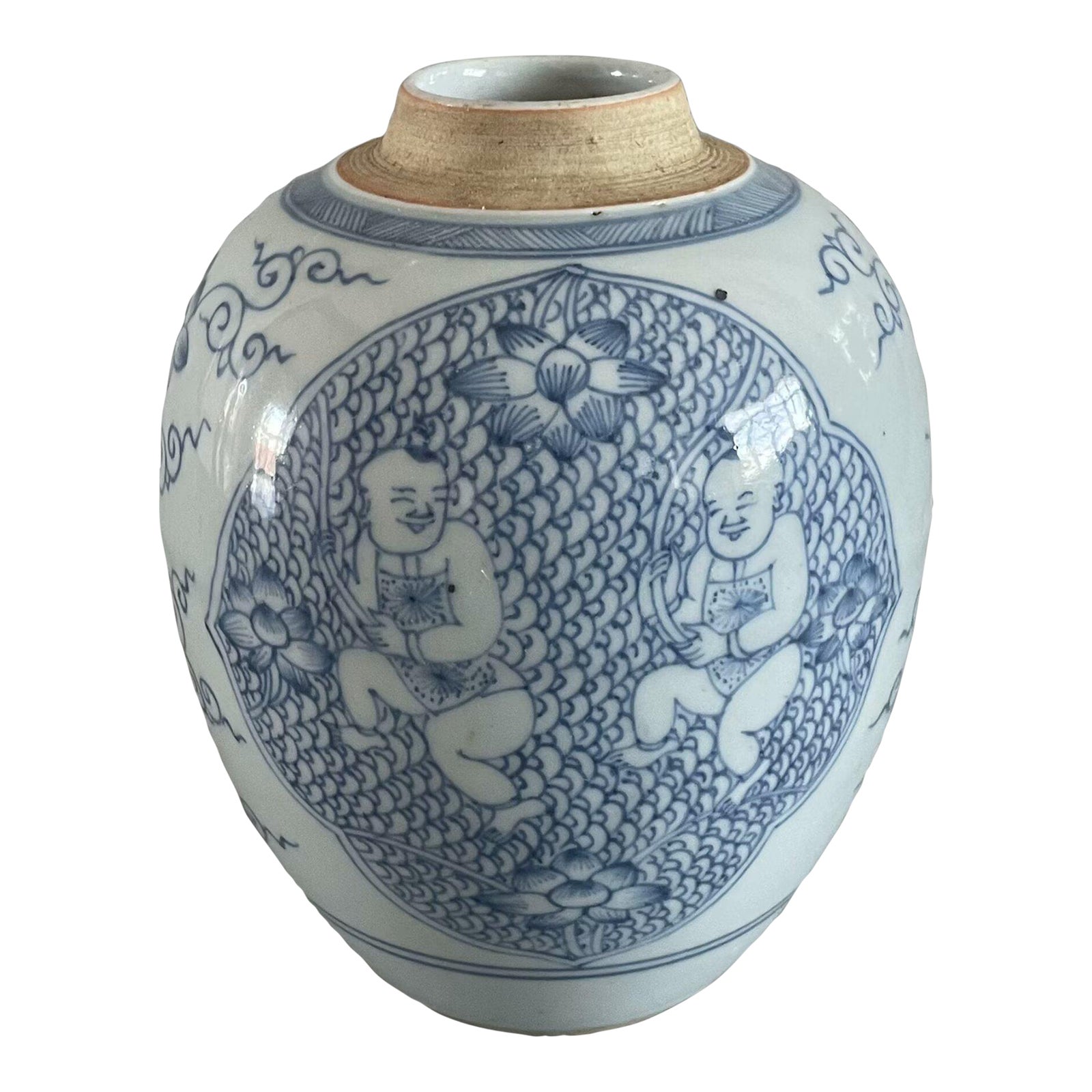19th Century Chinese Porcelain Blue and White Figure Jar | Chairish