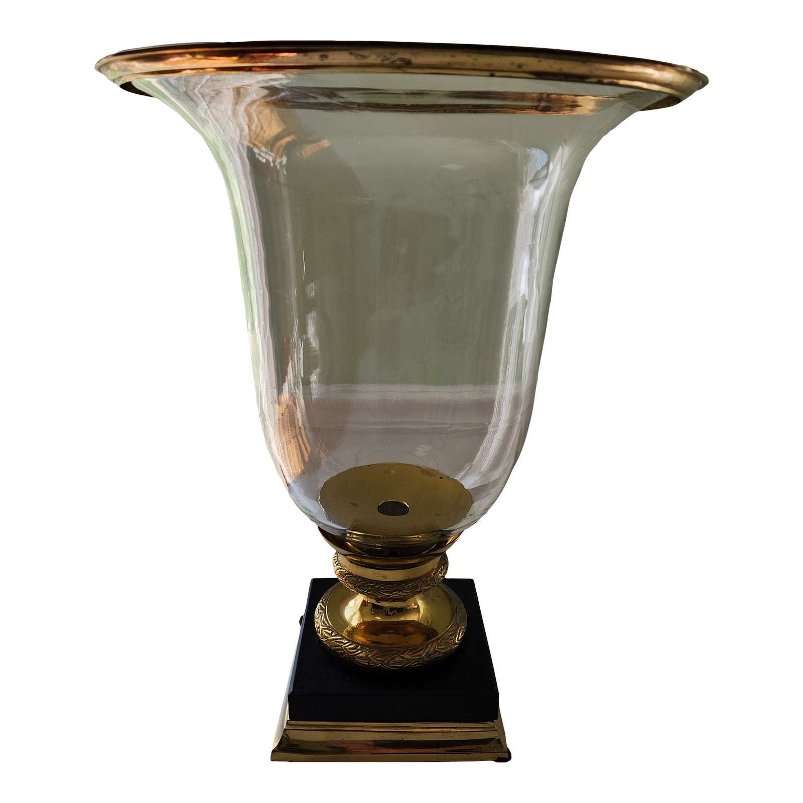 Large Glass and Brass Hurricane Centerpiece Candle Holder | Chairish