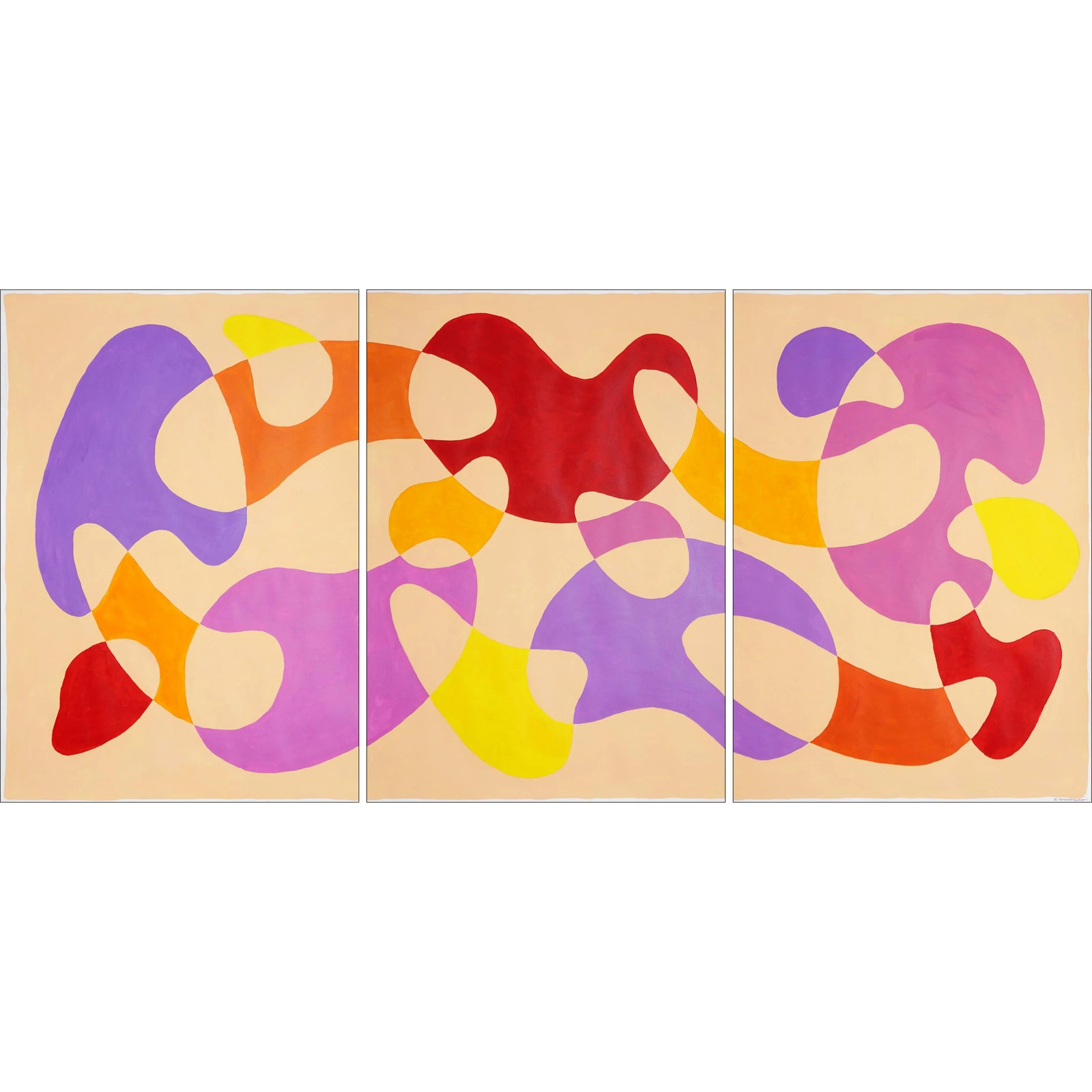 2024, Abstract Mid Century Shapes Triptych of Coral Curves, Acrylic Painting on Watercolor Paper ...