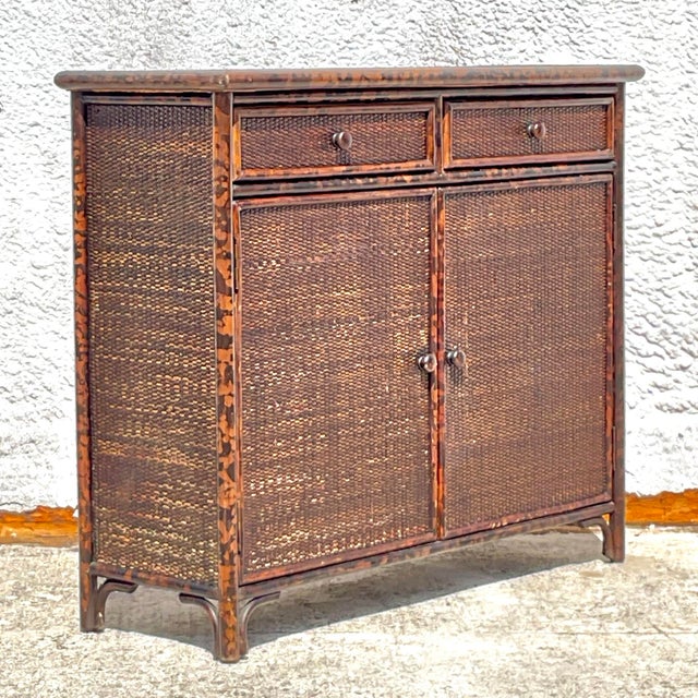 Late 20th Century Vintage Coastal Woven Rattan Console Cabinet | Chairish