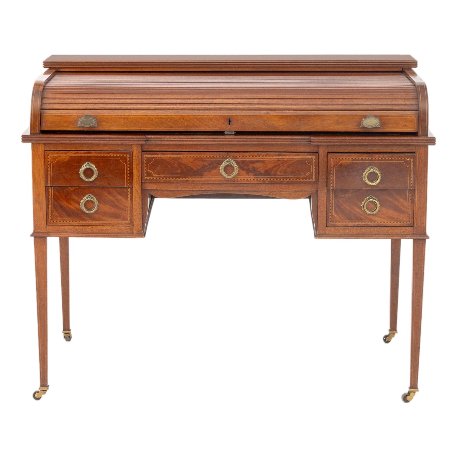 Edwardian Mahogany Inlaid Tambour Cylinder Desk | Chairish