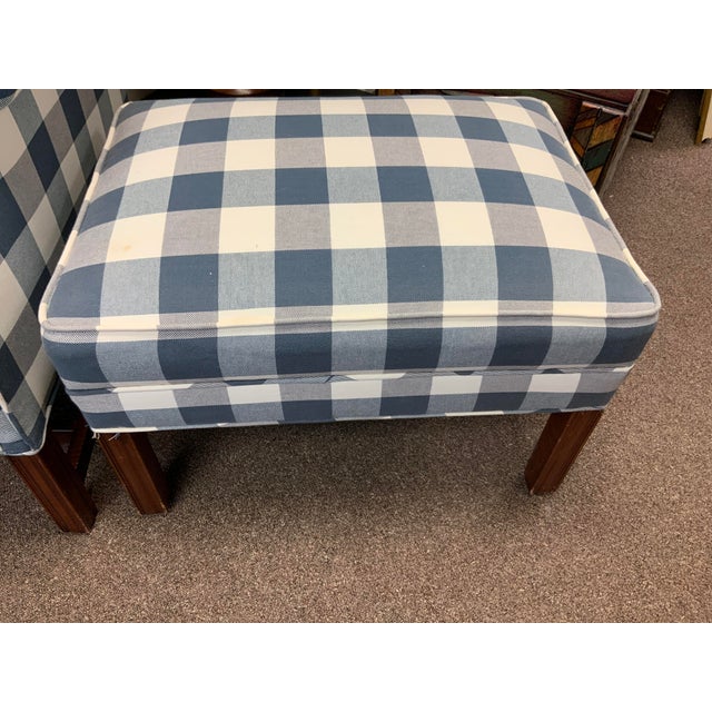 Late 20th Century Blue Check Upholstered Wingback Chair With Ottoman ...