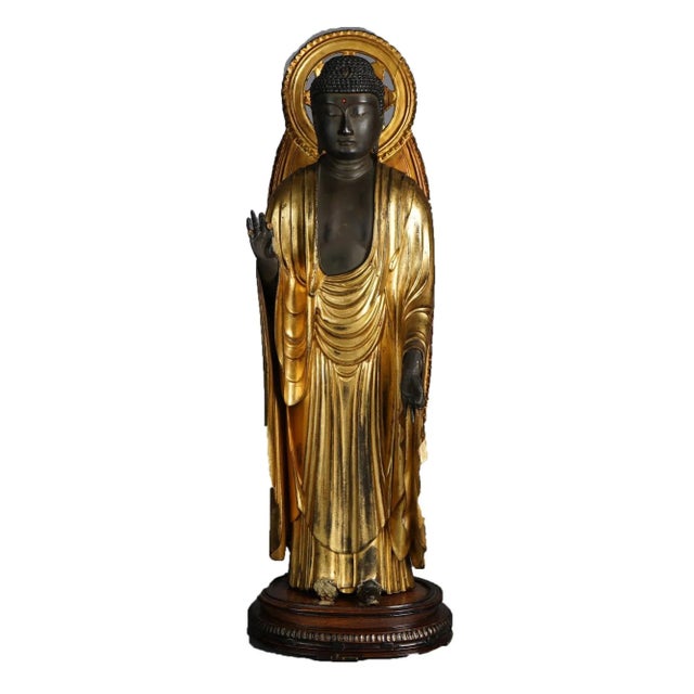 Japanese or Tibetan Polychromed Giltwood Carved Standing Buddha & Stand ...