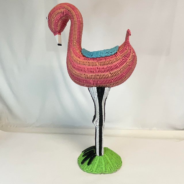 1981 Coastal Palm Beach Regency Cabana Striped Flamingo Wicker Planter ...