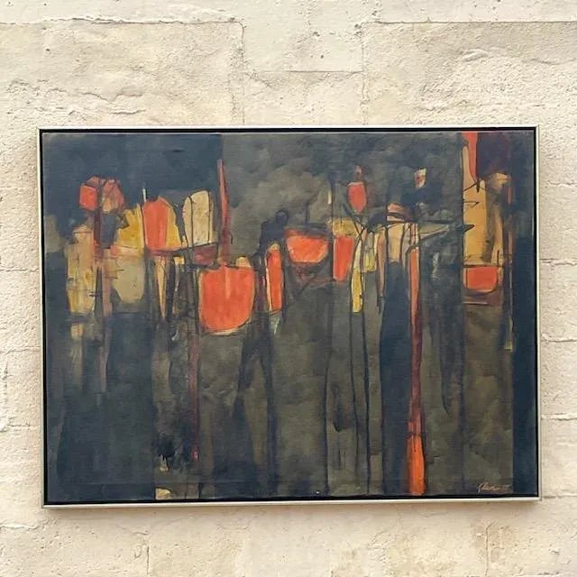 Vintage MCM Abstract Original Oil Painting on Canvas | Chairish