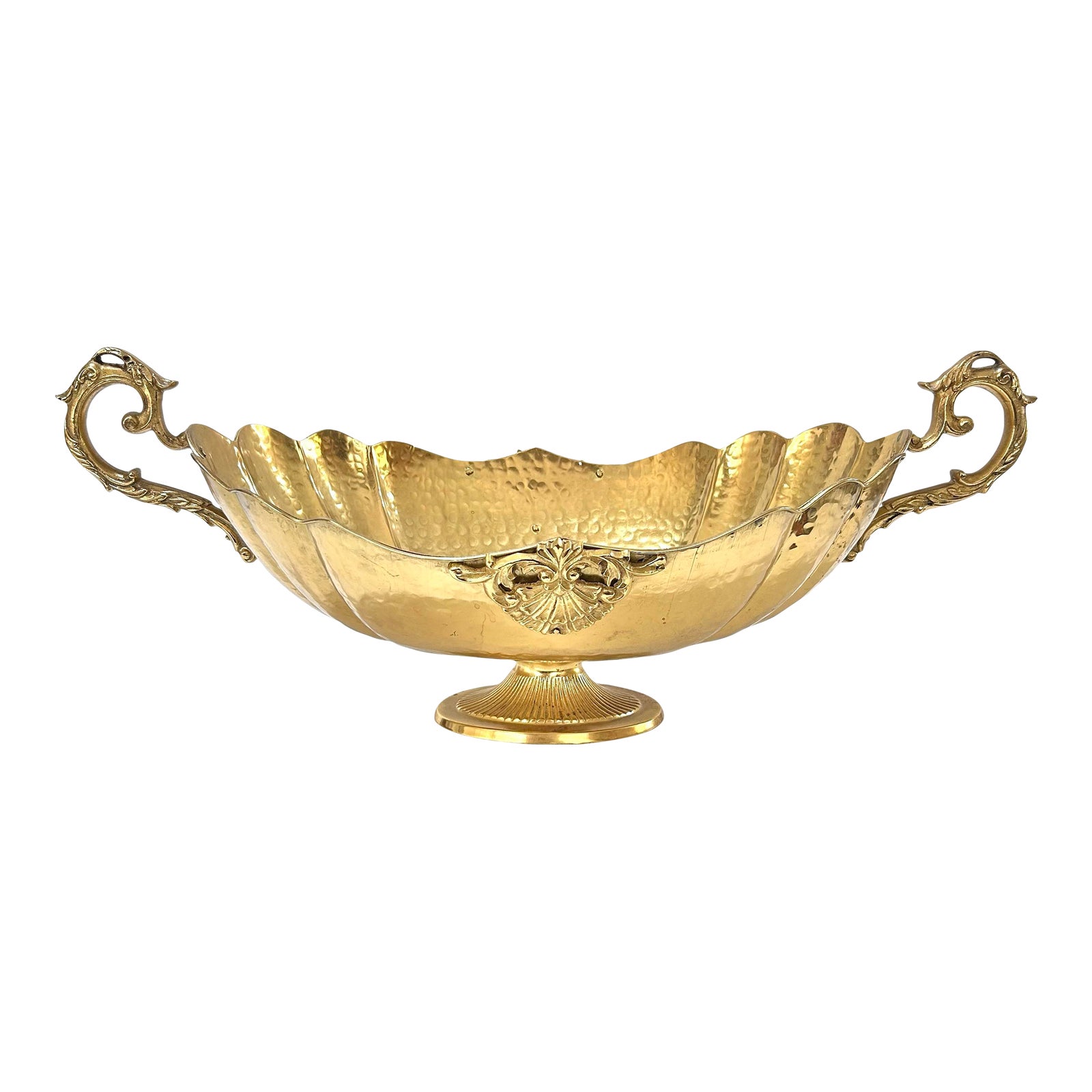 1970s Large Brass Pedestal Centerpiece Bowl Scalloped Cachepot With ...