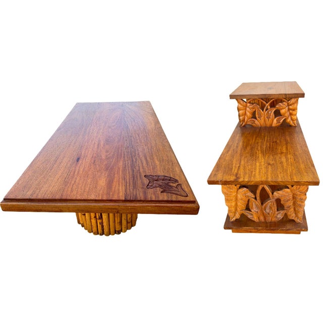 1950s Restored Mid Century Hand Carved Palm Leaf Koa Wood Coffee & Side ...