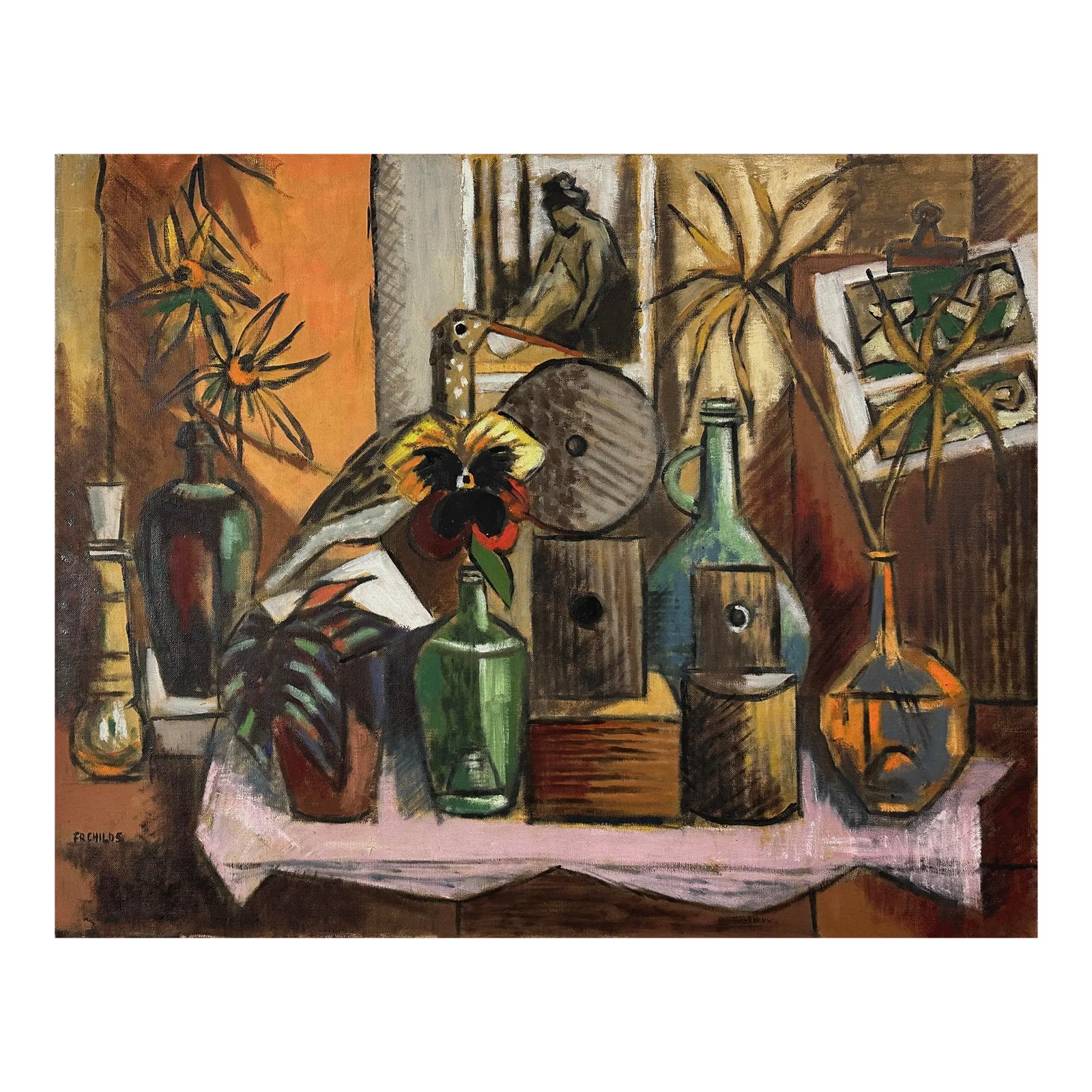 Frederick Robbins Childs - Still Life With Pansy, Bird, and Vases ...