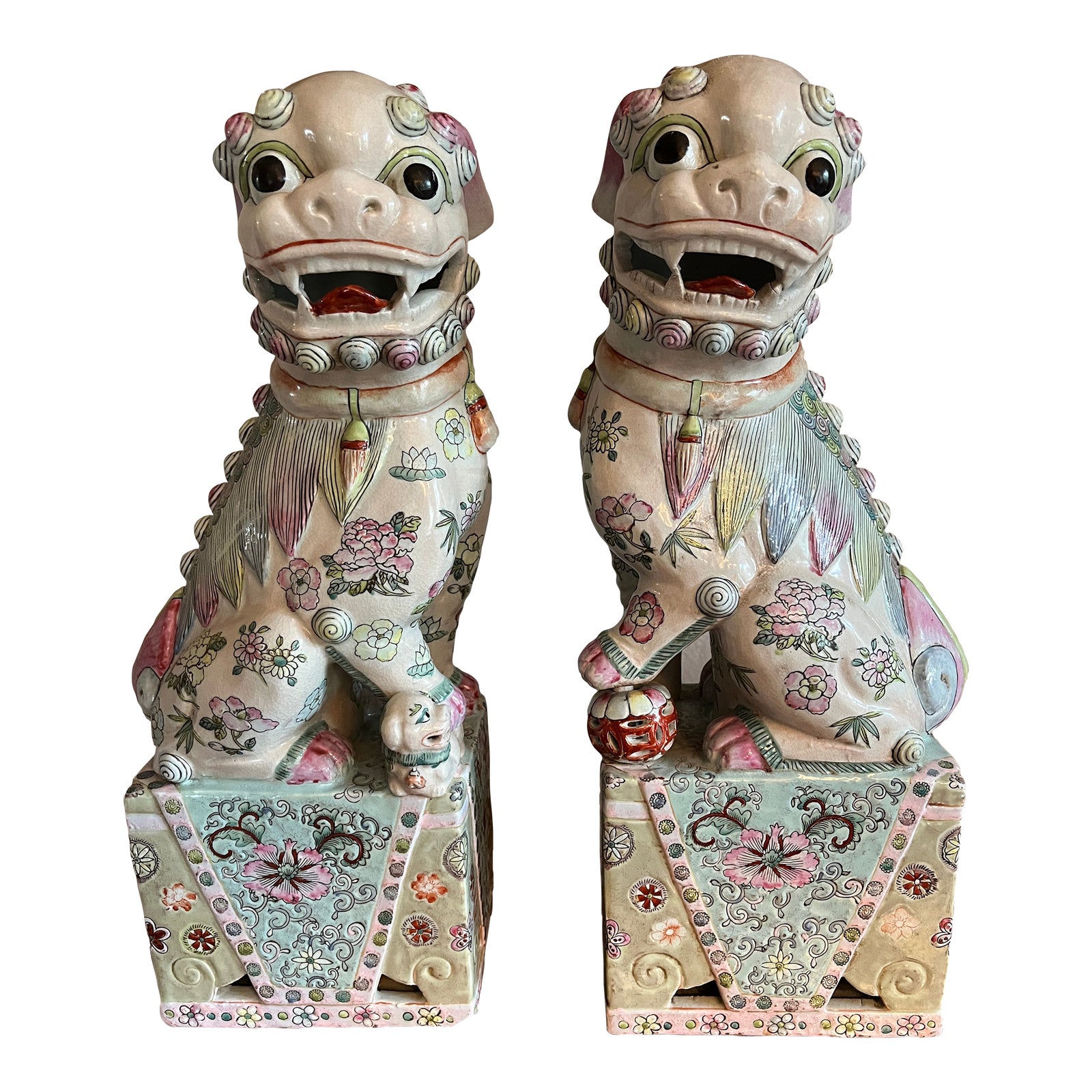 Pair of Chinese Mun Shou Foo Dogs, Early 20th Century | Chairish