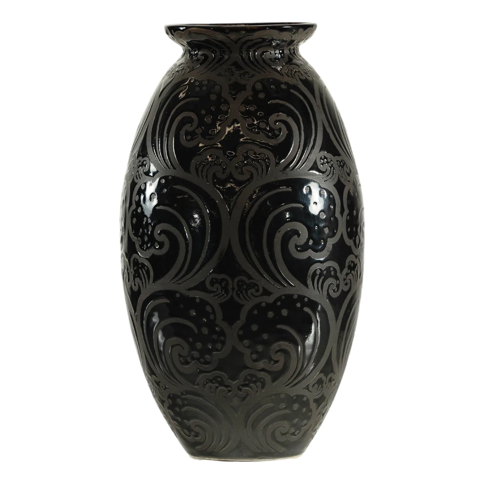 Black Ceramic Vase with Raised Wave Motif and Glossy Finish | Chairish