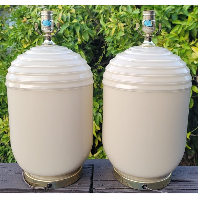Vintage Art Deco Revival Cream White Reverse Painted Glass Lamps - a ...