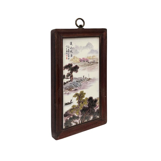 Chinese Wood Frame Porcelain Mountain Tree Scenery Wall Plaque Panel ...