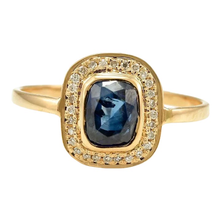 Deep Bright Blue Sapphire and Diamond Halo Ring 18k Solid Yellow Gold ...