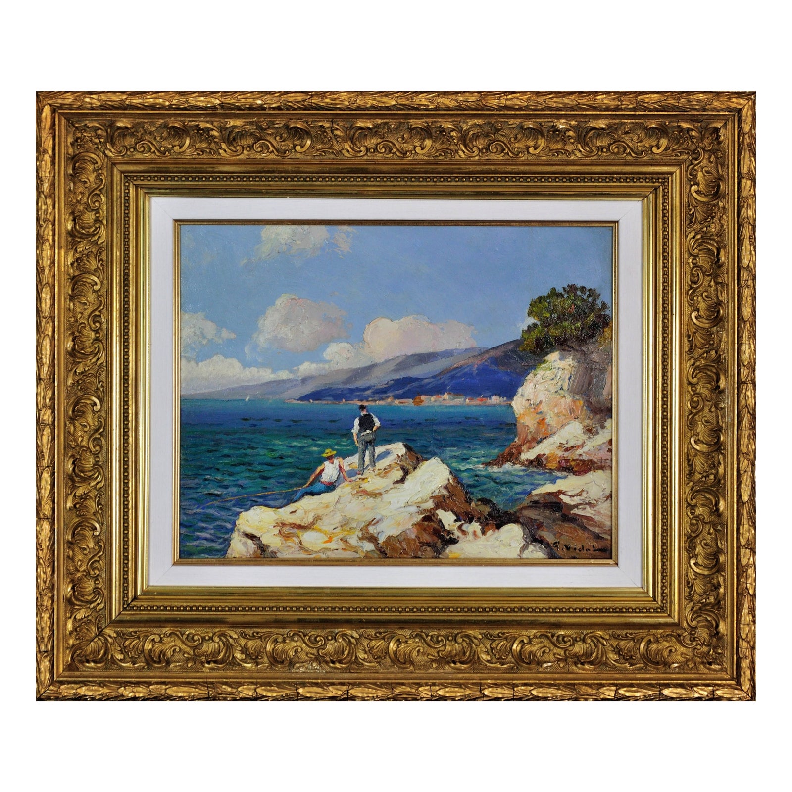 Gustave Vidal, Fishermen on the Rocks, 1930s, Oil Painting, Framed ...