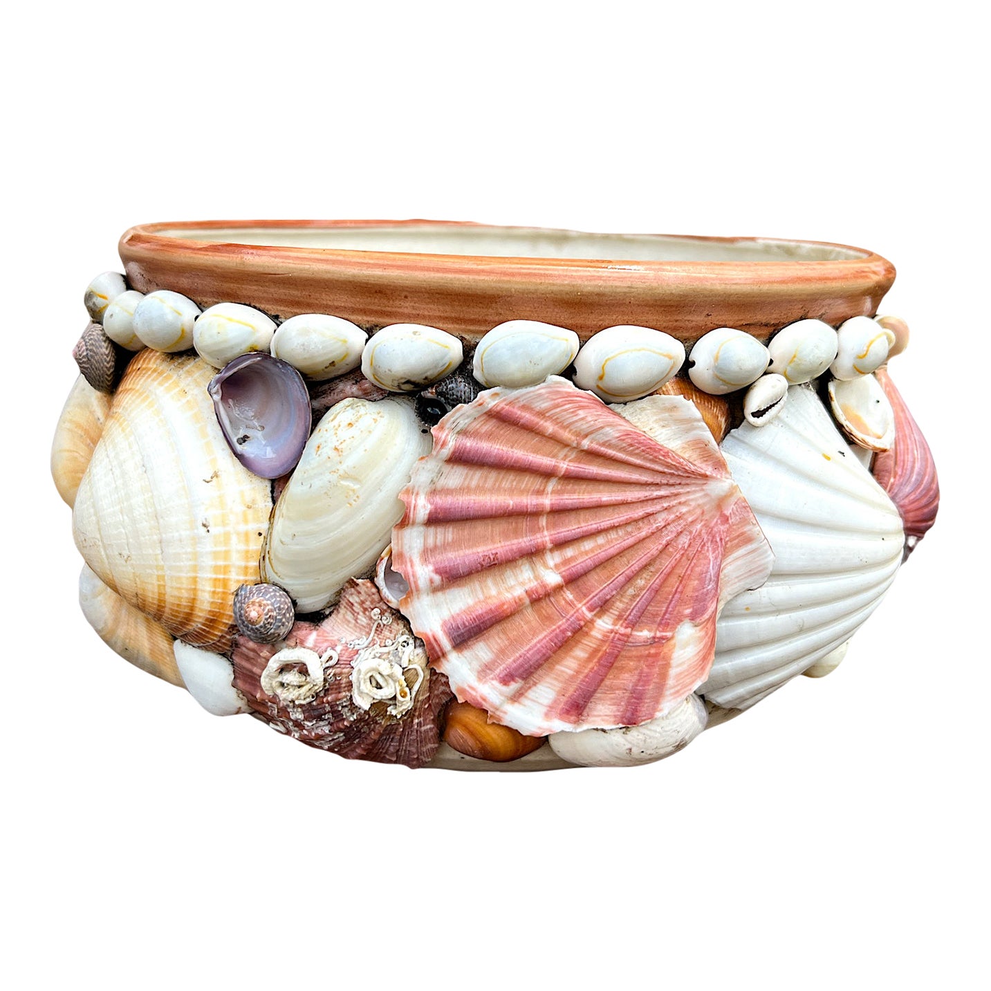1970s Handmade Seashell Encrusted Ceramic Planter Cachepot | Chairish