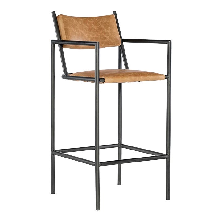 Matthew Izzo Home Alex Iron and Leather Square Arm Bar Stool | Chairish