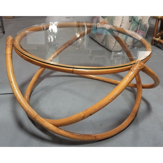 1950s Restored Rattan Gyroscope Shaped Glass Coffee Table | Chairish