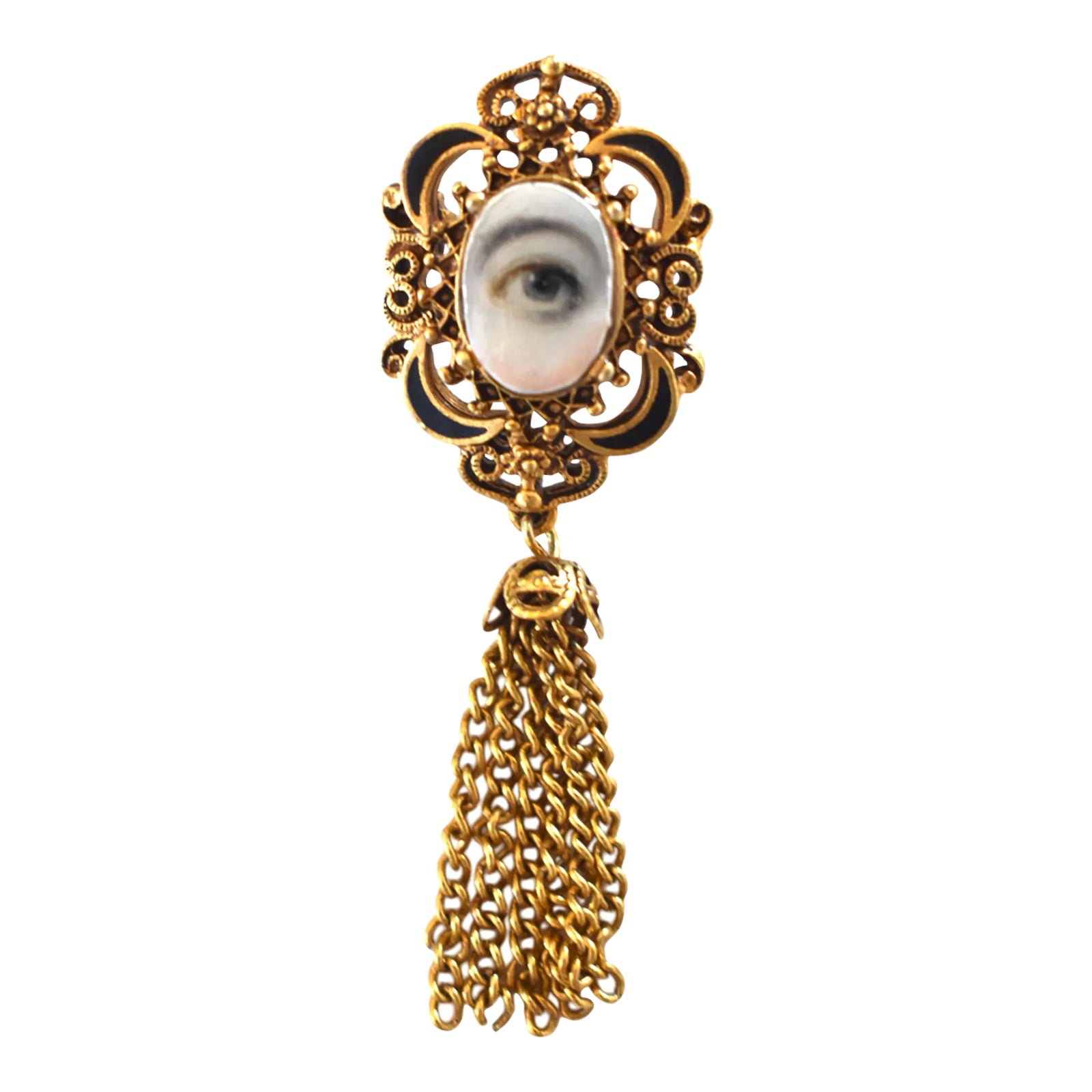 No. 2273 Lover's Eye Oval Black Enamel Tassel Brooch by Susannah Carson | Chairish