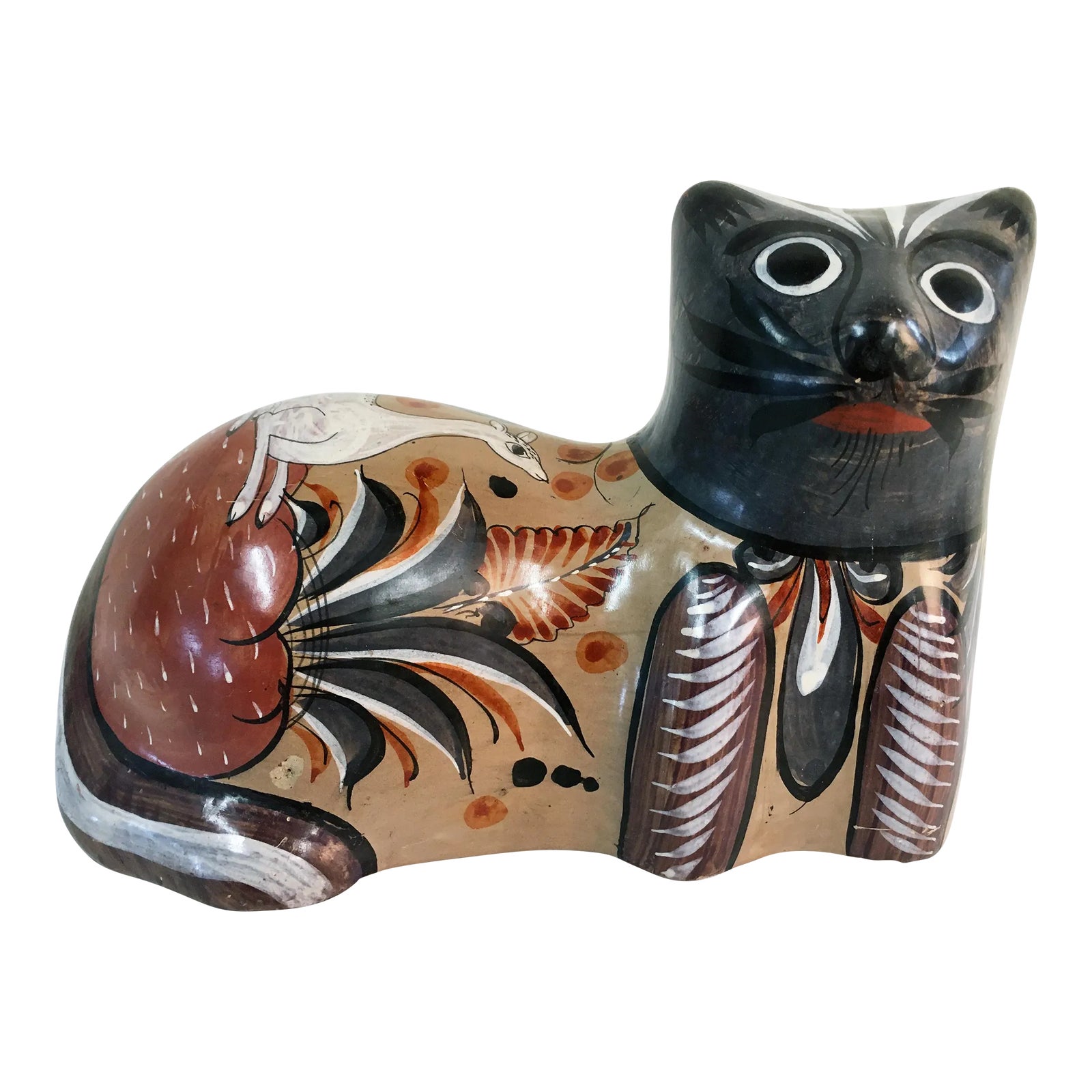 Large Tonalá Pottery Cat With Folk Painted Details | Chairish