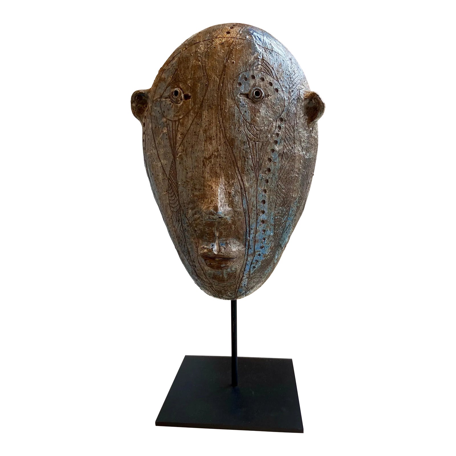 Tribal Blue Facial Expression Pottery Sculpture | Chairish