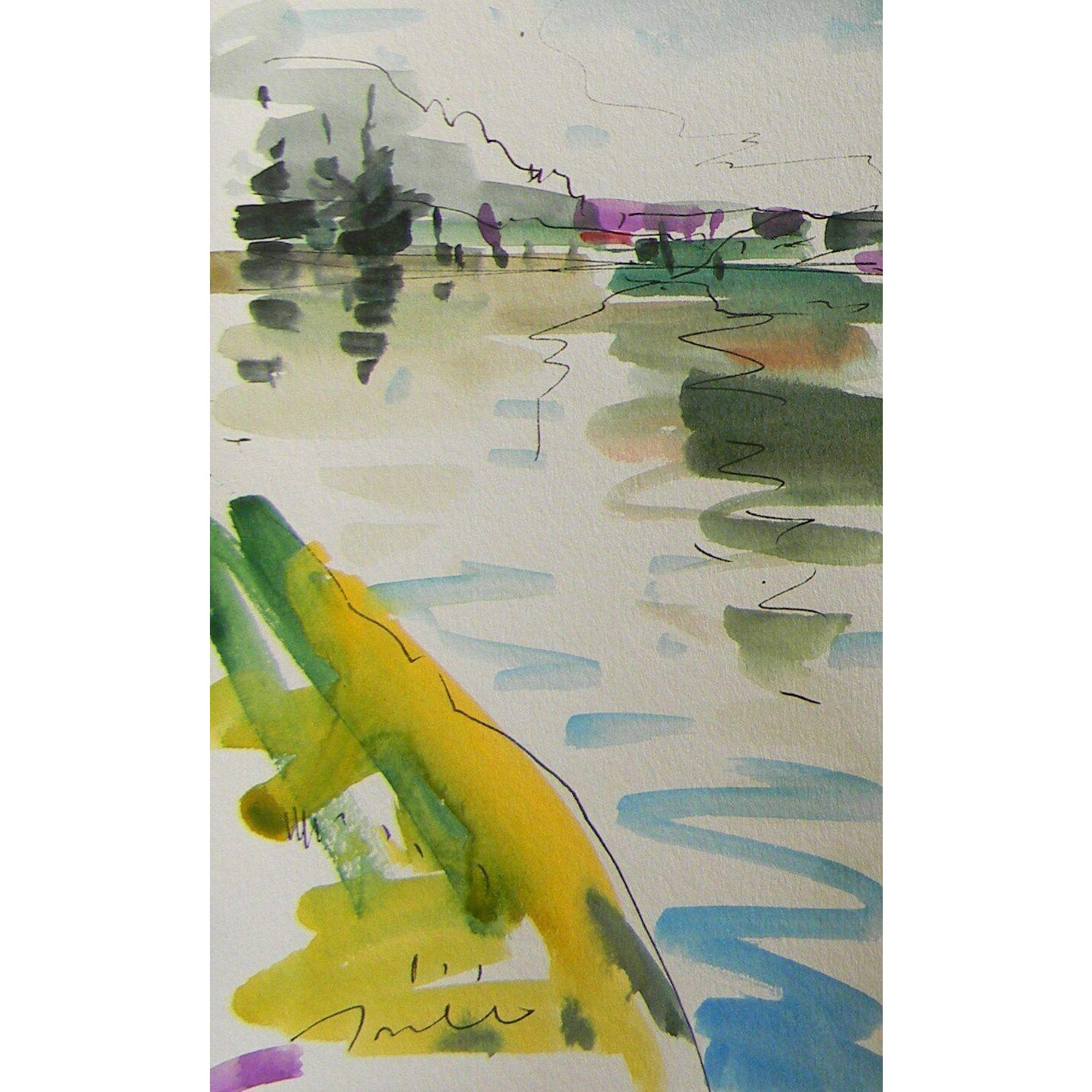 Contemporary Abstract Lake Scene Watercolor Painting by Jose Trujillo ...