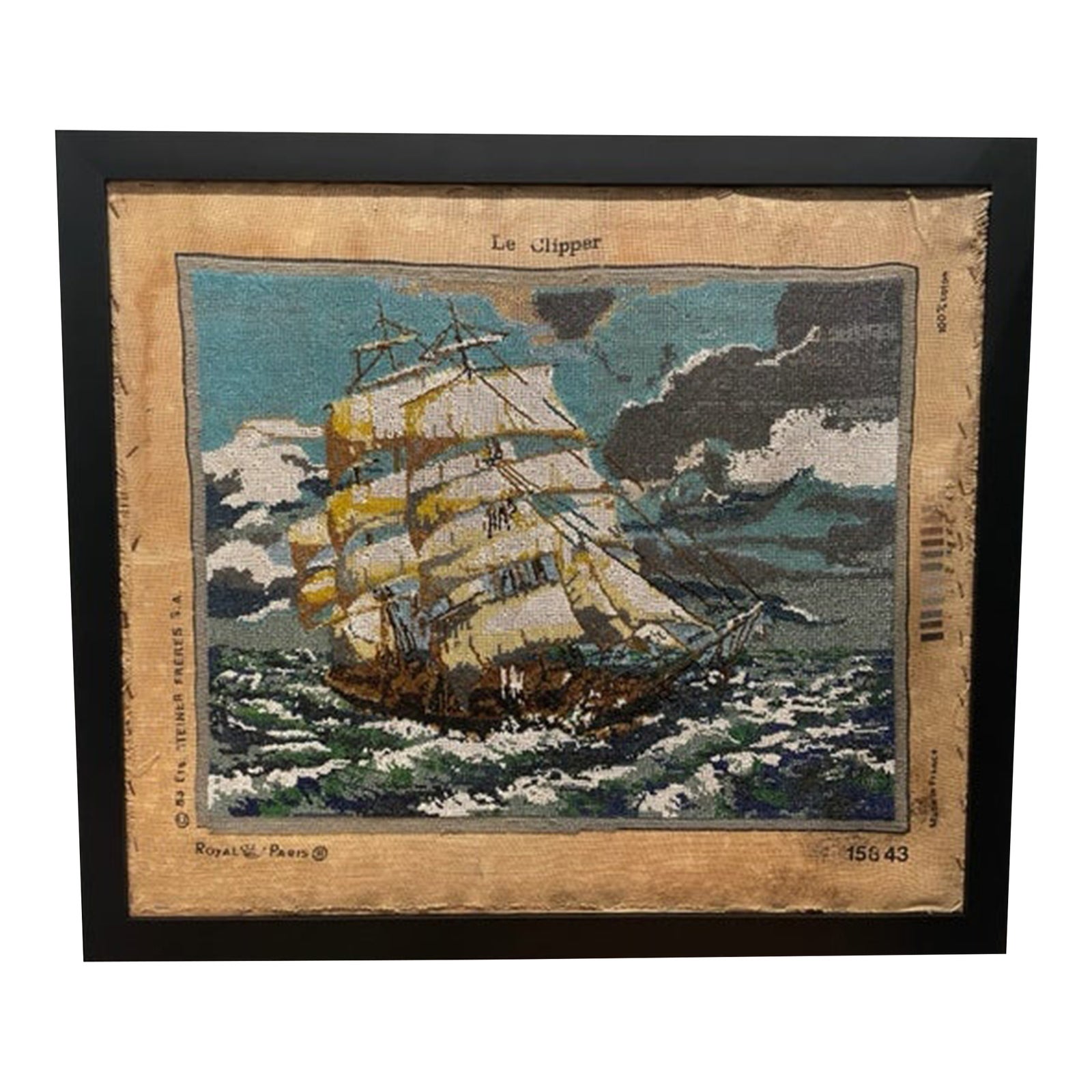 Vintage French Ship, "Le Clipper", Beads/Needlepoint Canvas on Board ...