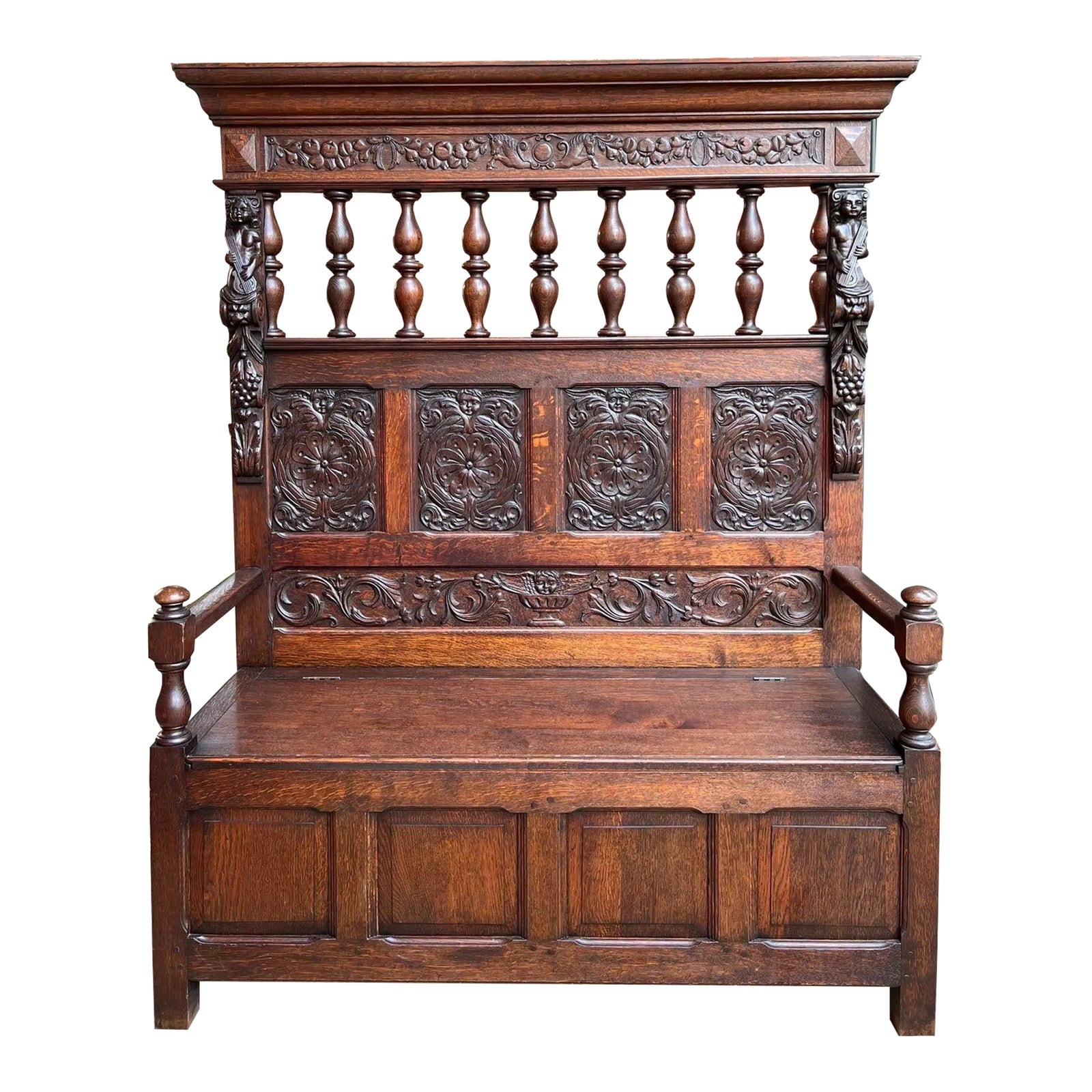 Antique French Hall Bench Settle Pew Renaissance Carved Oak Cherub ...