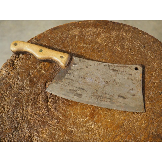 18th Century French Manoir Kitchen Butcher Block With Cleaver | Chairish