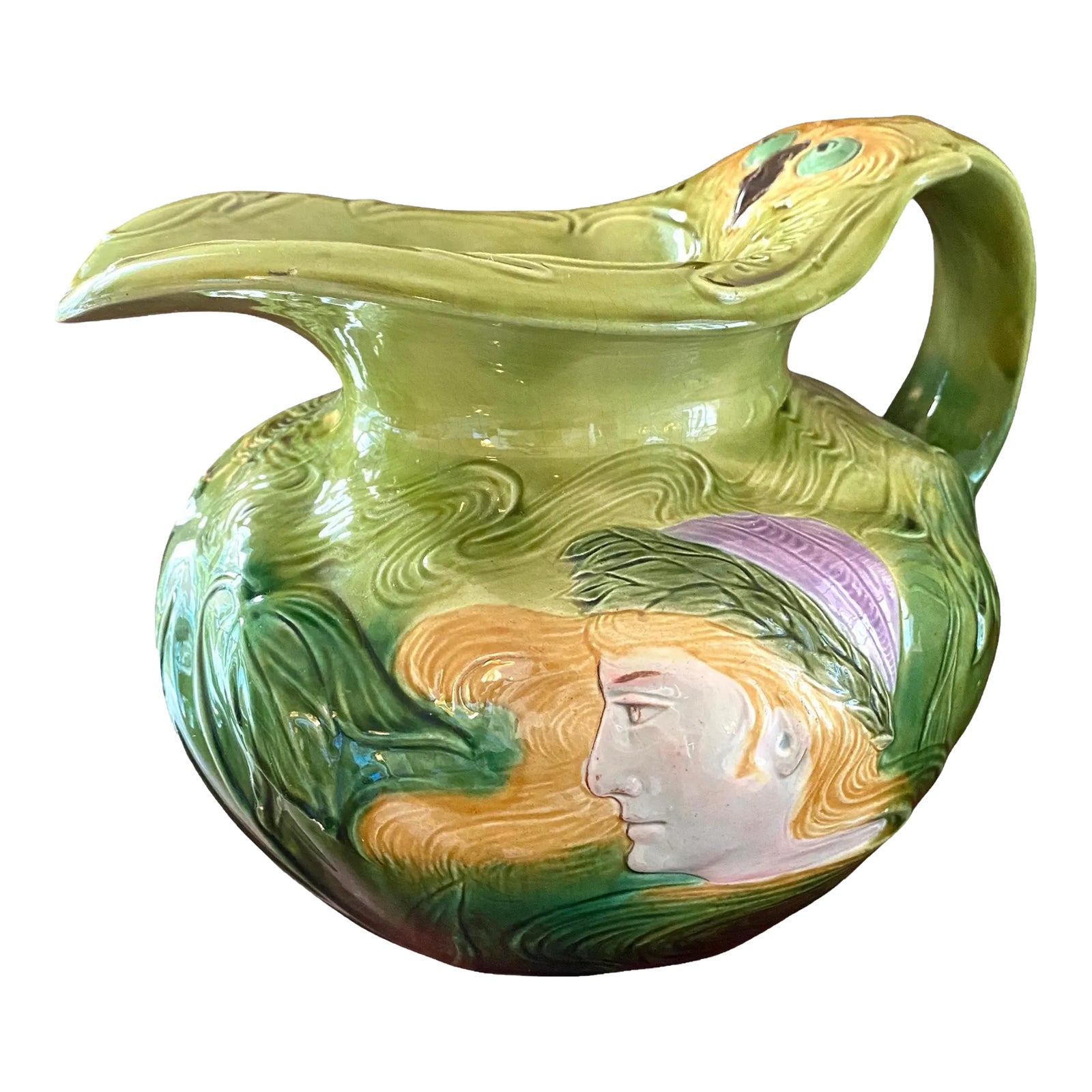 Austrian Majolica Pitcher Early 20th Century Art Nouveau Bulbous Green ...