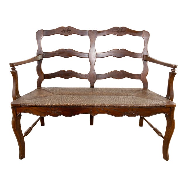 Vintage French Country Style Rush Seat Carved Wood Bench | Chairish