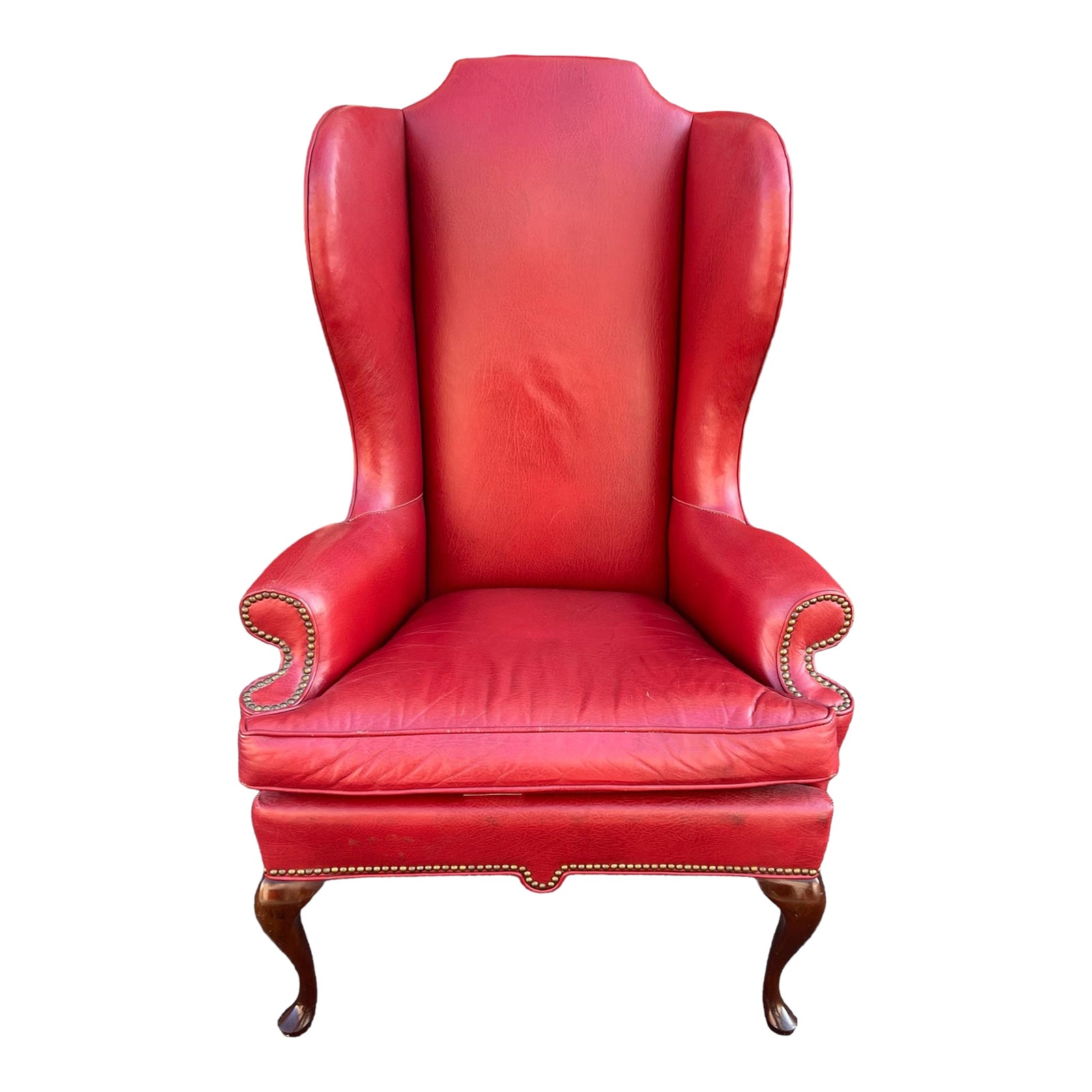 Late 20th Century Red Leather Bloomingdales Studded Wing Chair | Chairish