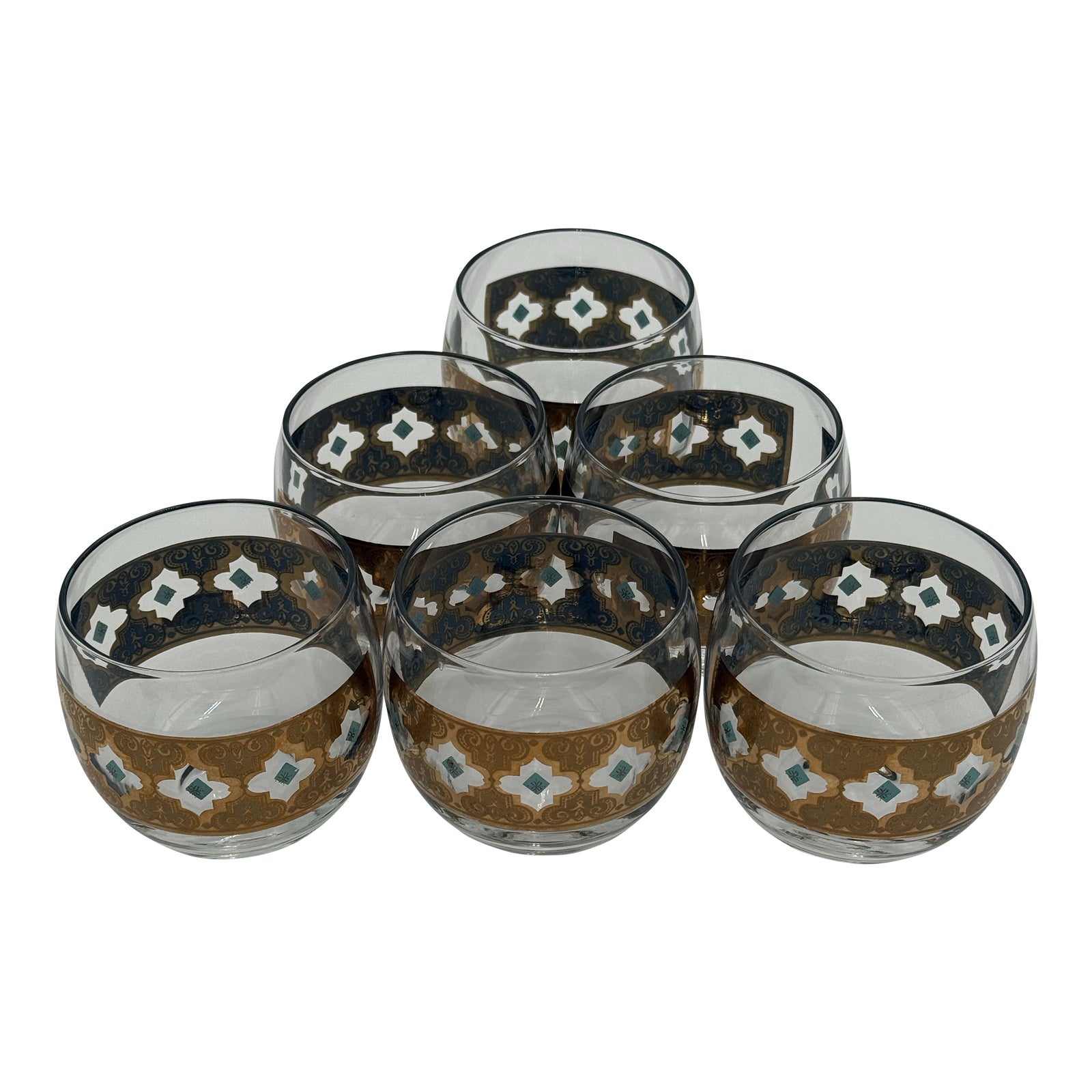 1960s Culver Seville Roly Poly Gold and Turquoise Cocktail Glasses- Set of 6 | Chairish