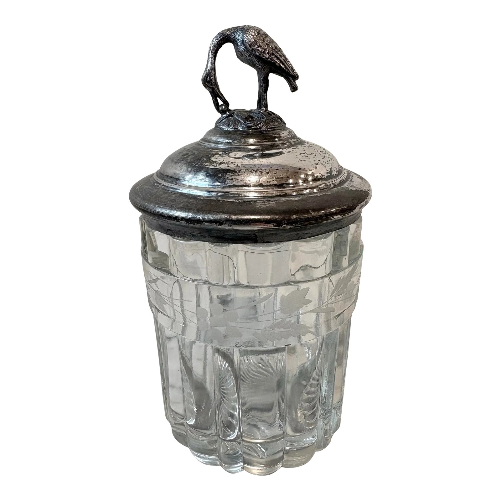 Great Egret Cut Crystal & Silverplate Canister | Chairish