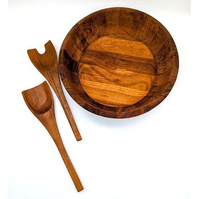 1980s Dansk Staved And Lathed Teak Wood Bowl And Serving Utensils Set