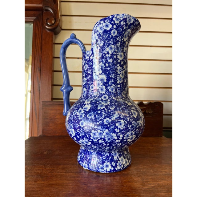 1930s Blue & White Floral Calico Pitcher & Bowl Signed Victorian Ware ...