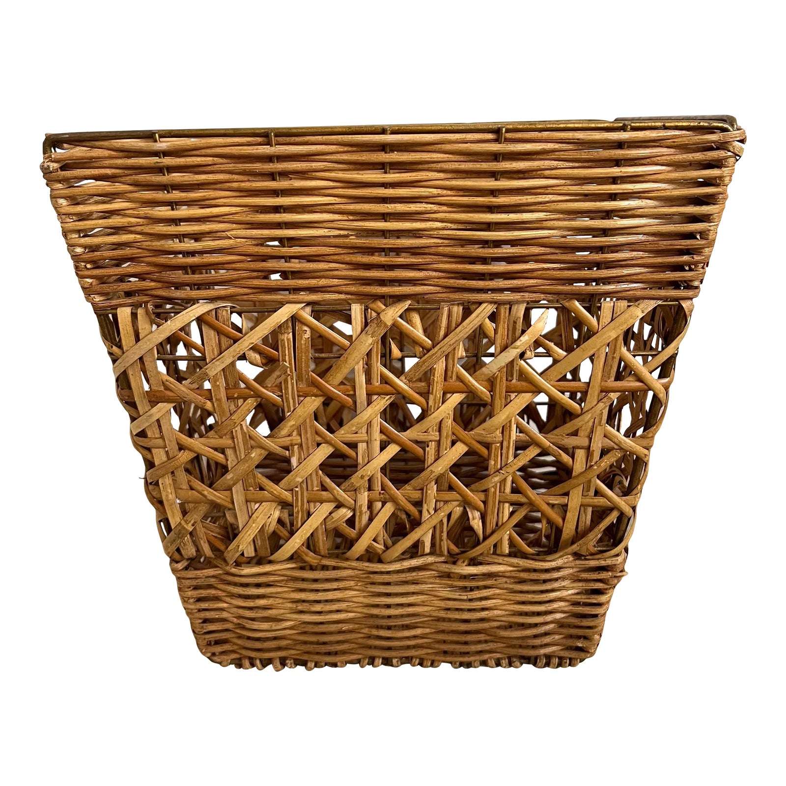 Rattan and Wicker Basket Weave Wastebasket | Chairish