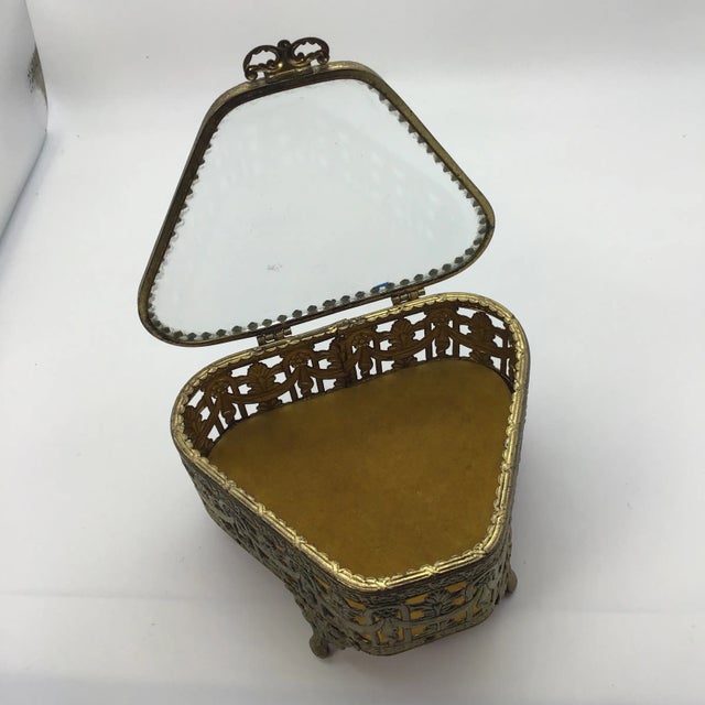 Jewelry Box 1950s Ormolu Filigree Box Glass Lid Brass Color Footed ...