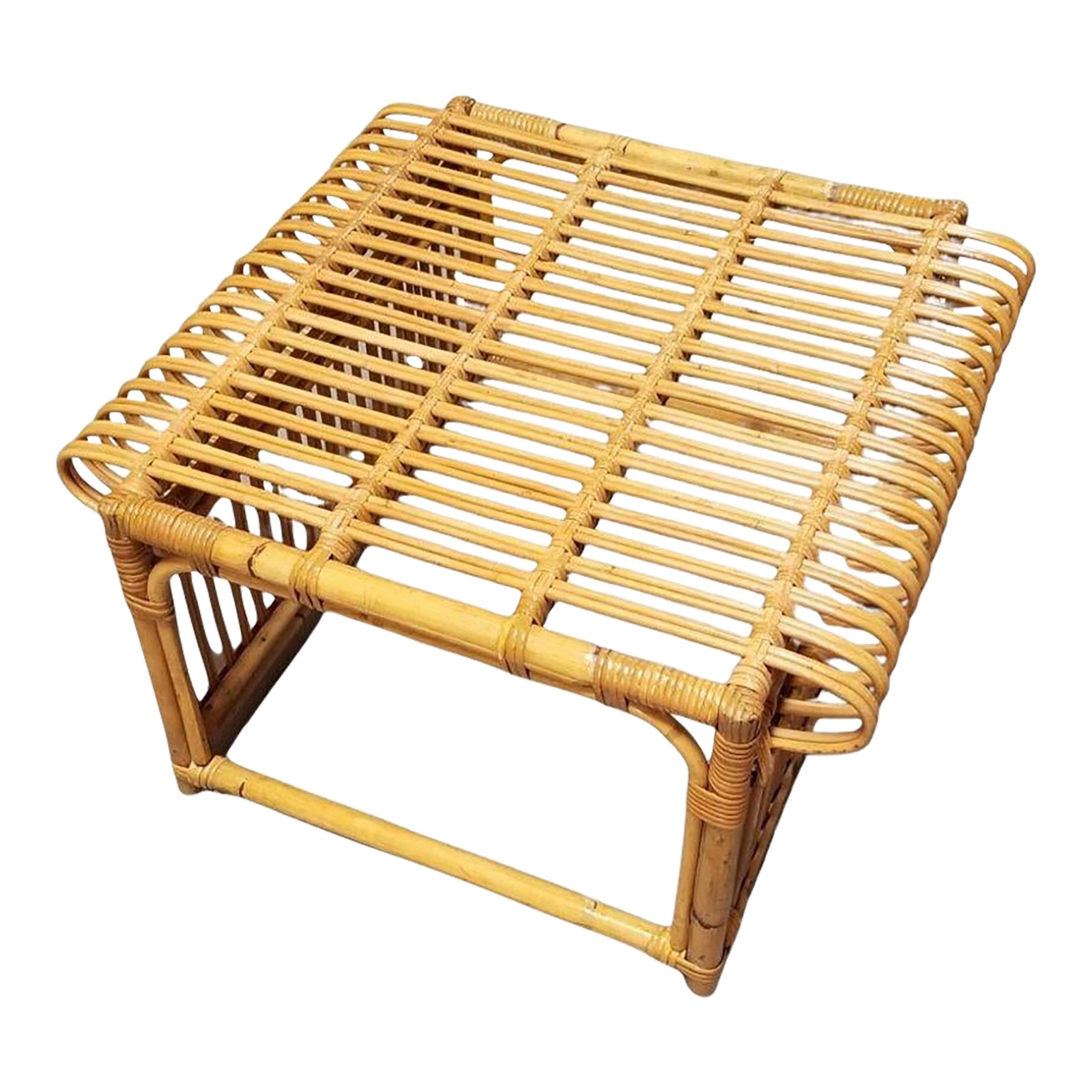 1970s Restored Skeleton Italian Pencil Reed Rattan Ottoman Footstool in ...