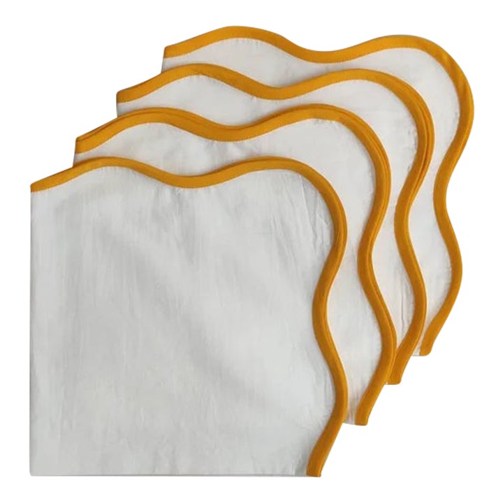 Handmade Scalloped Napkins, White with Golden Yellow Piping - Set of 4 ...