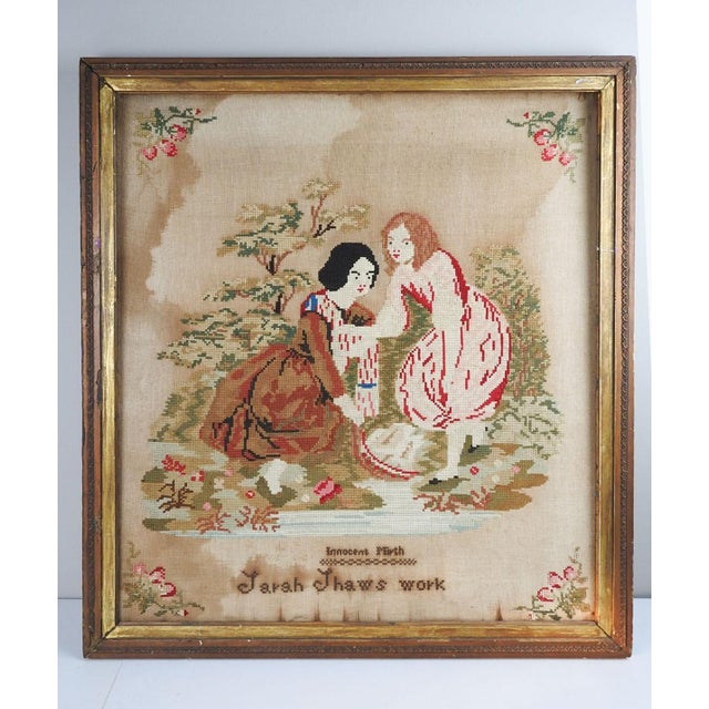 Antique Victorian Needlework Embroidery Girls at Stream | Chairish