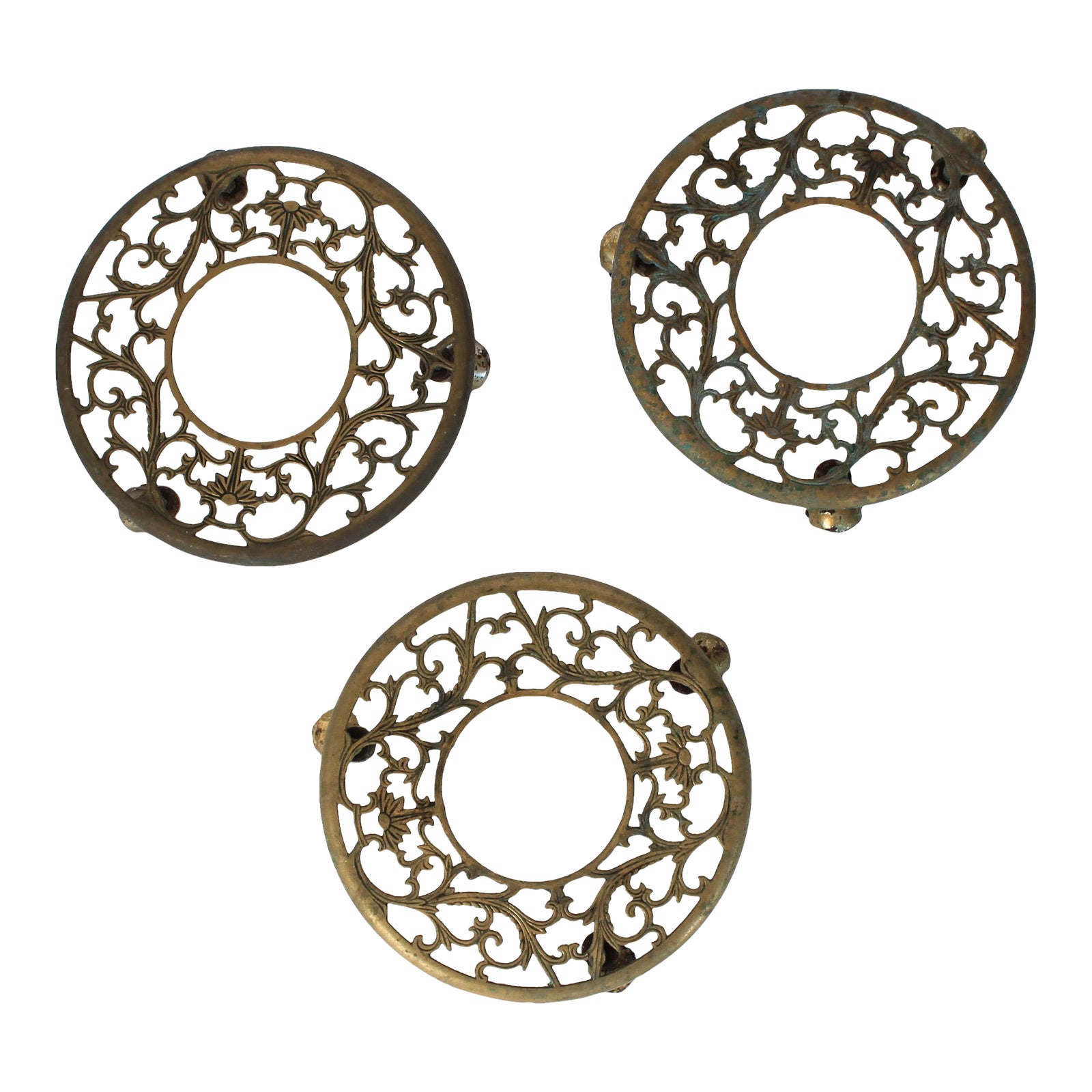 Vintage Rolling Brass Plant Trivets S/3 | Chairish