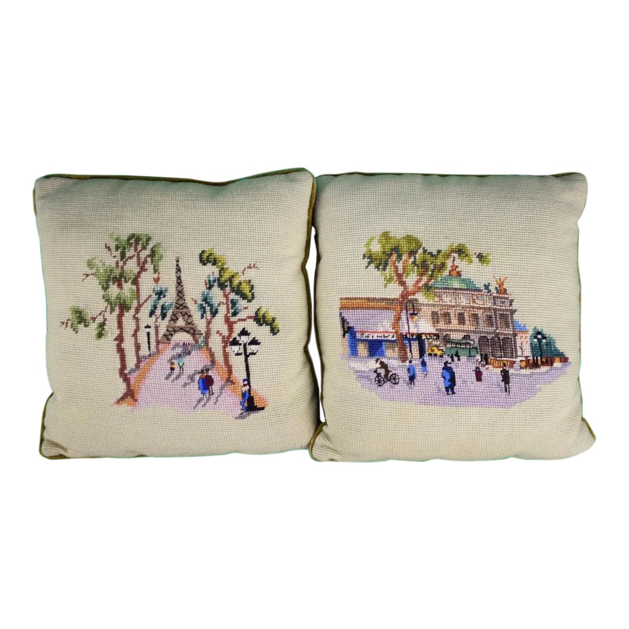 Two Hand-Needlepoint Parisian Scene Celadon Pillows | Chairish