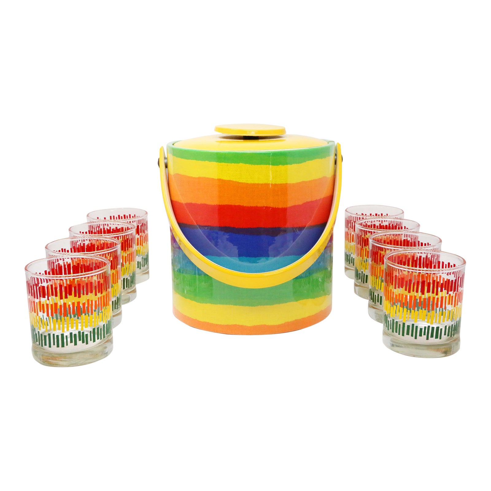 1980's Rainbow Stripe Ice Bucket and Glassware - Set of 9 | Chairish