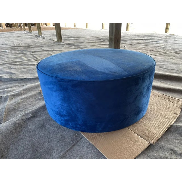 Large Round Blue Velvet Ottoman | Chairish