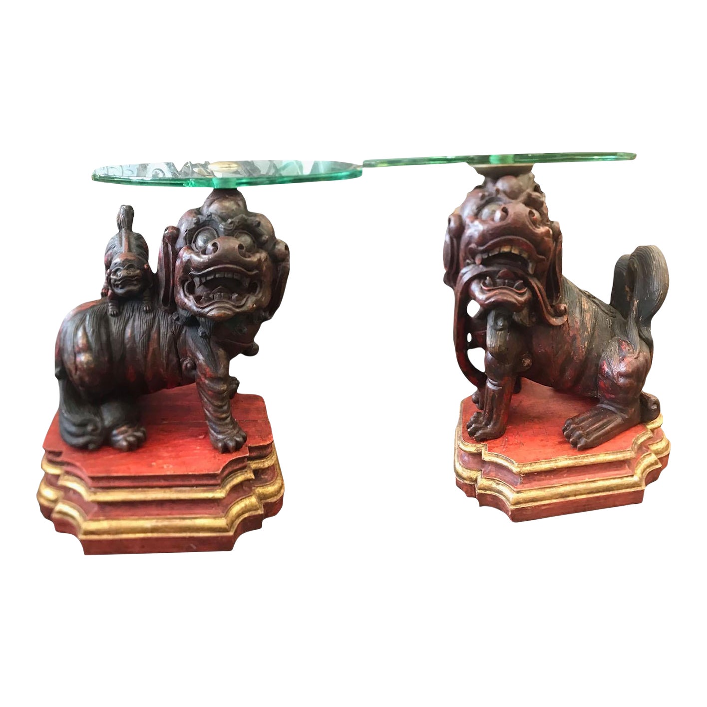 19th Century Carved Foo Dog Side Tables - a Pair | Chairish