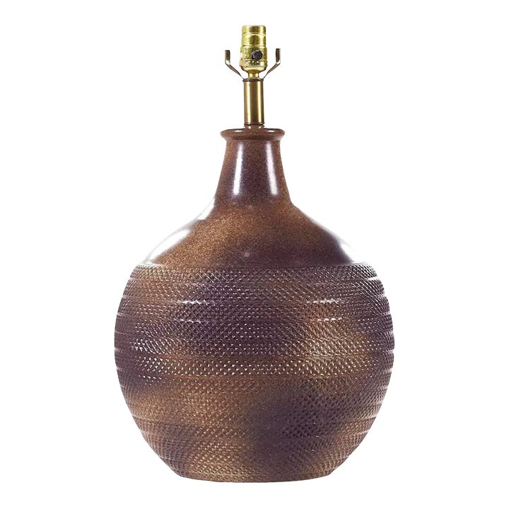 Mid Century Textured Ceramic Brown Pottery Lamp | Chairish